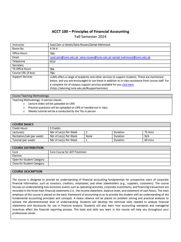 Acct 100 Principles Of Financial Accounting S1 Course Outline Pdf