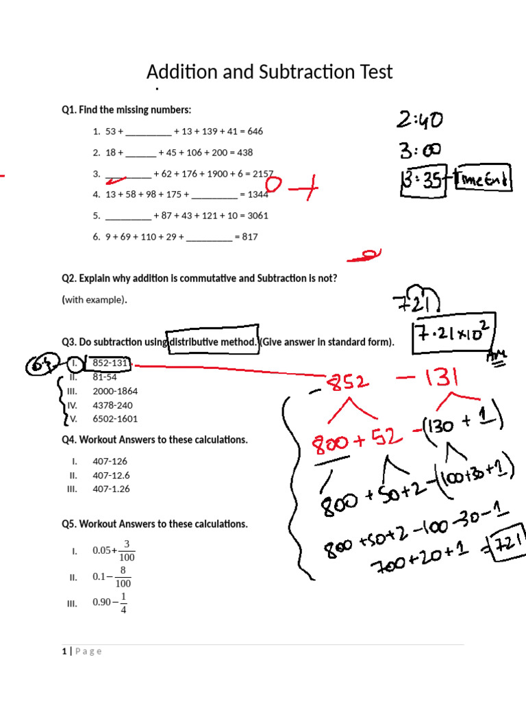 Addition and Subtraction Test | PDF