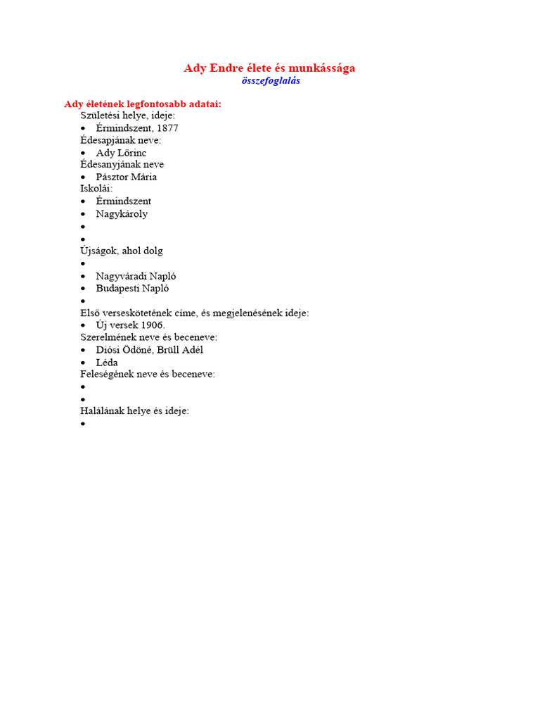 Ady Endre Pozsonyi Zsolt Balatonszárszó 8.o 2022.09.07. | PDF
