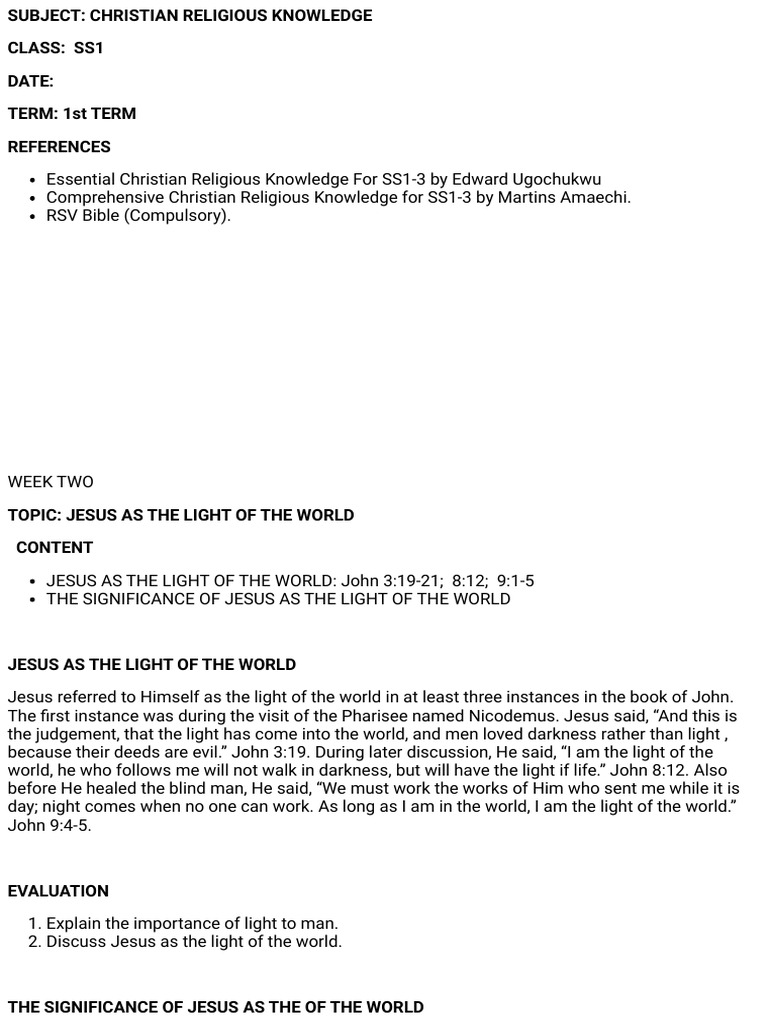 Week 2 Jesus As The Light of The World | PDF