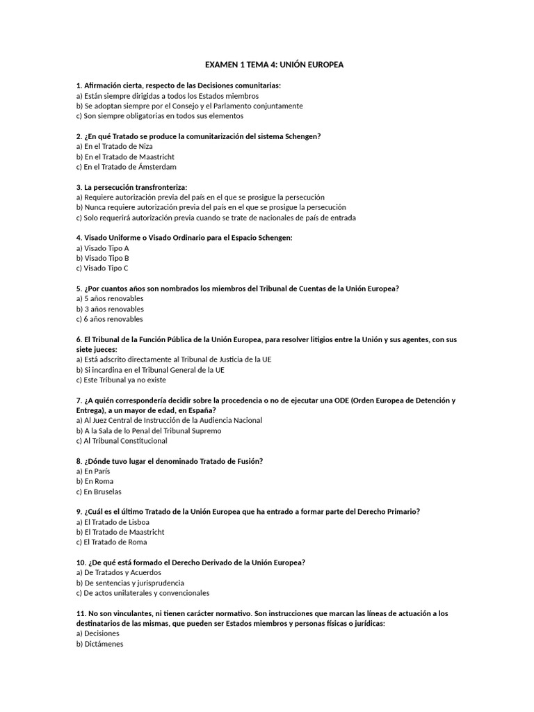 Examen 1 Tema 4 Unión Europea | PDF