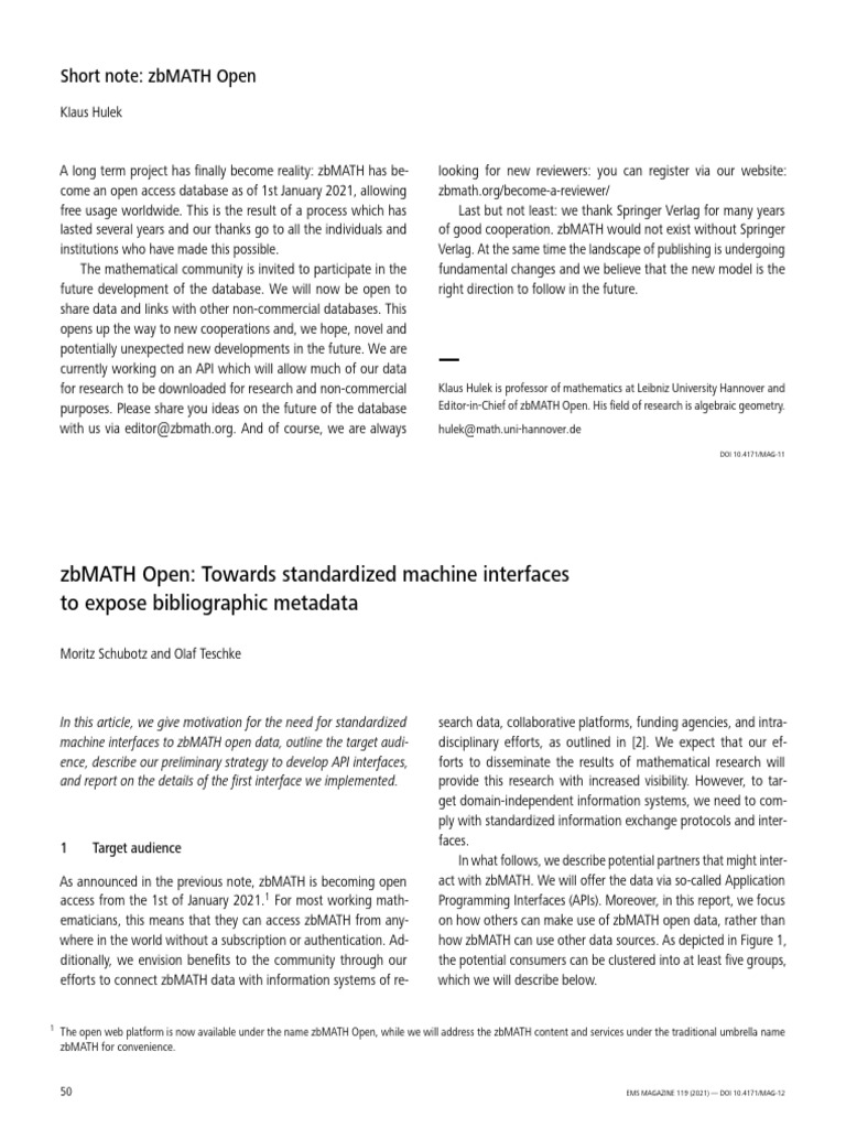zbMATH Open Towards Standardized Machine Interfaces To Expose Bibliographic Metadata | PDF