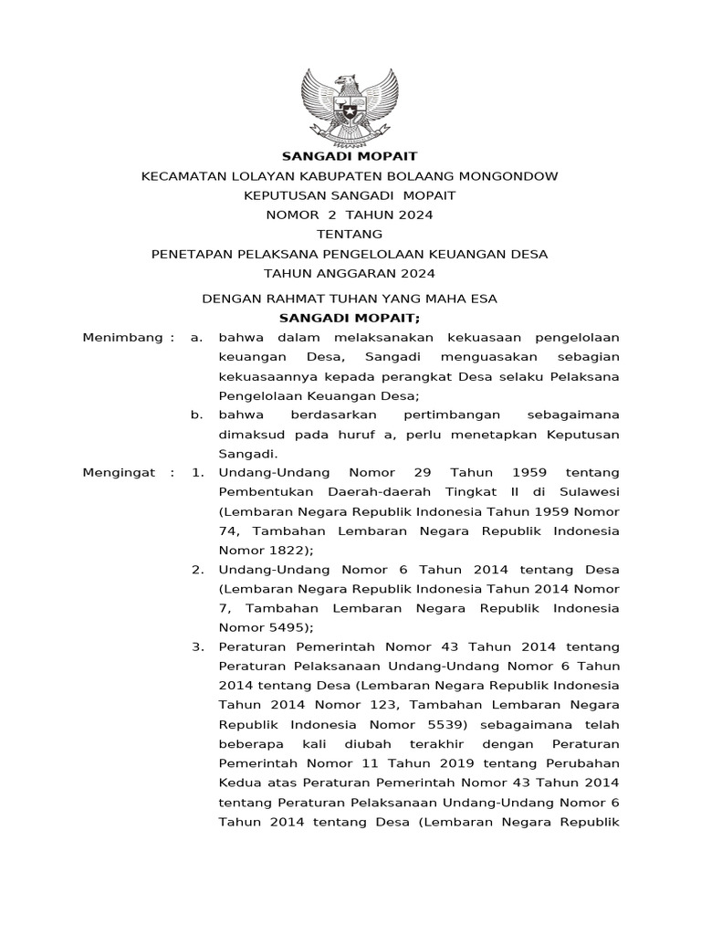 SK No. 2 Tahun 2024 Tentang PPKD Tahun Anggaran 2024 | PDF