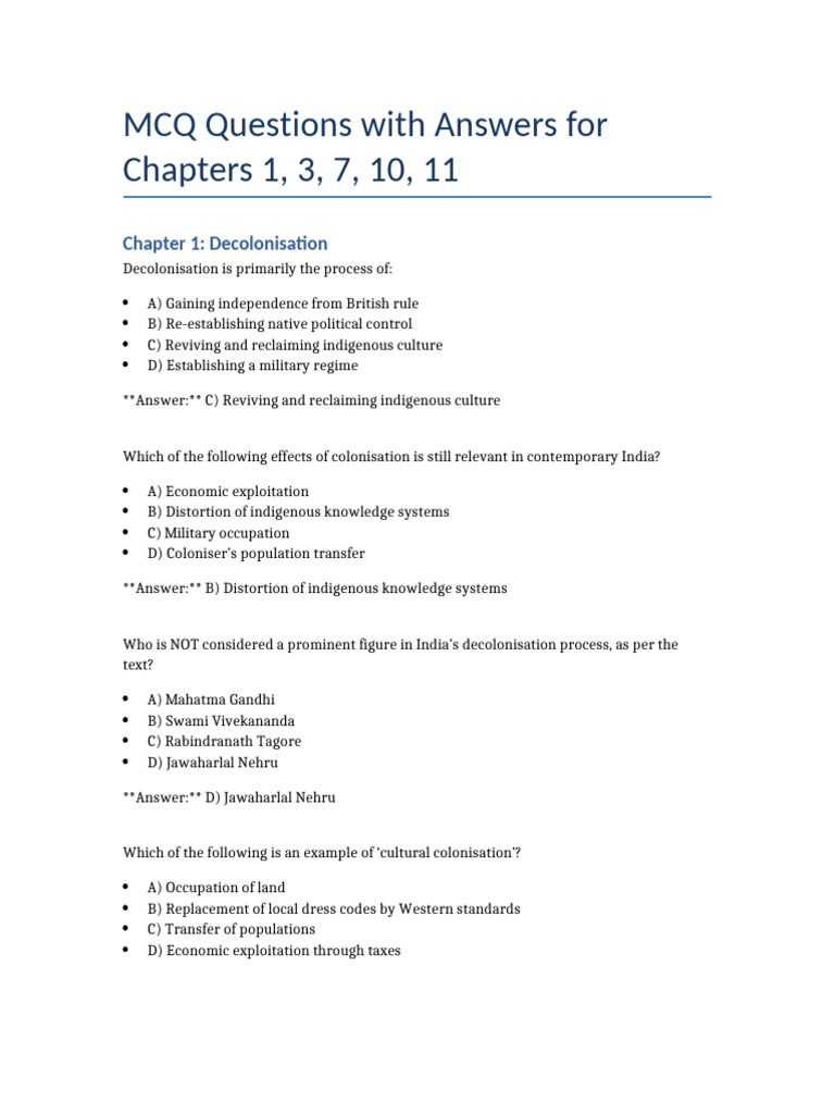 MCQ Questions With Answers Chapters 1 3-7-10 11 | PDF