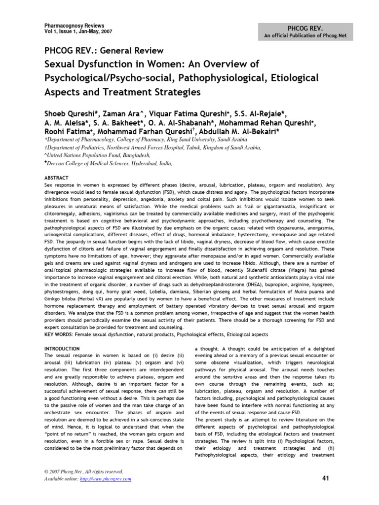 Sexual Dysfunction in Women: An Overview of Psychological/Psycho-social, Pathophysiological ...