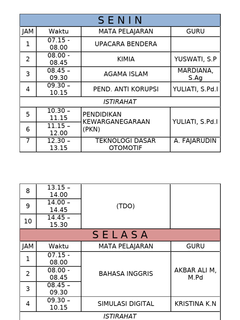 Jadwal Pelajaran X TKR 22 | PDF