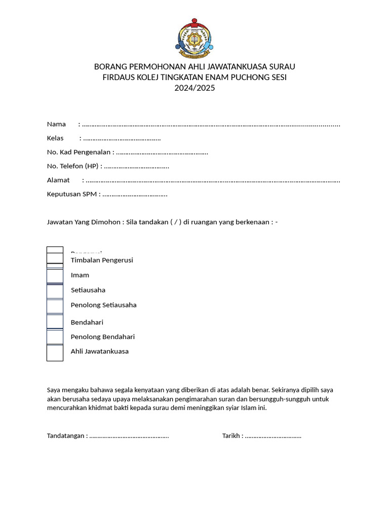 Borang Ajk Surau Pdf