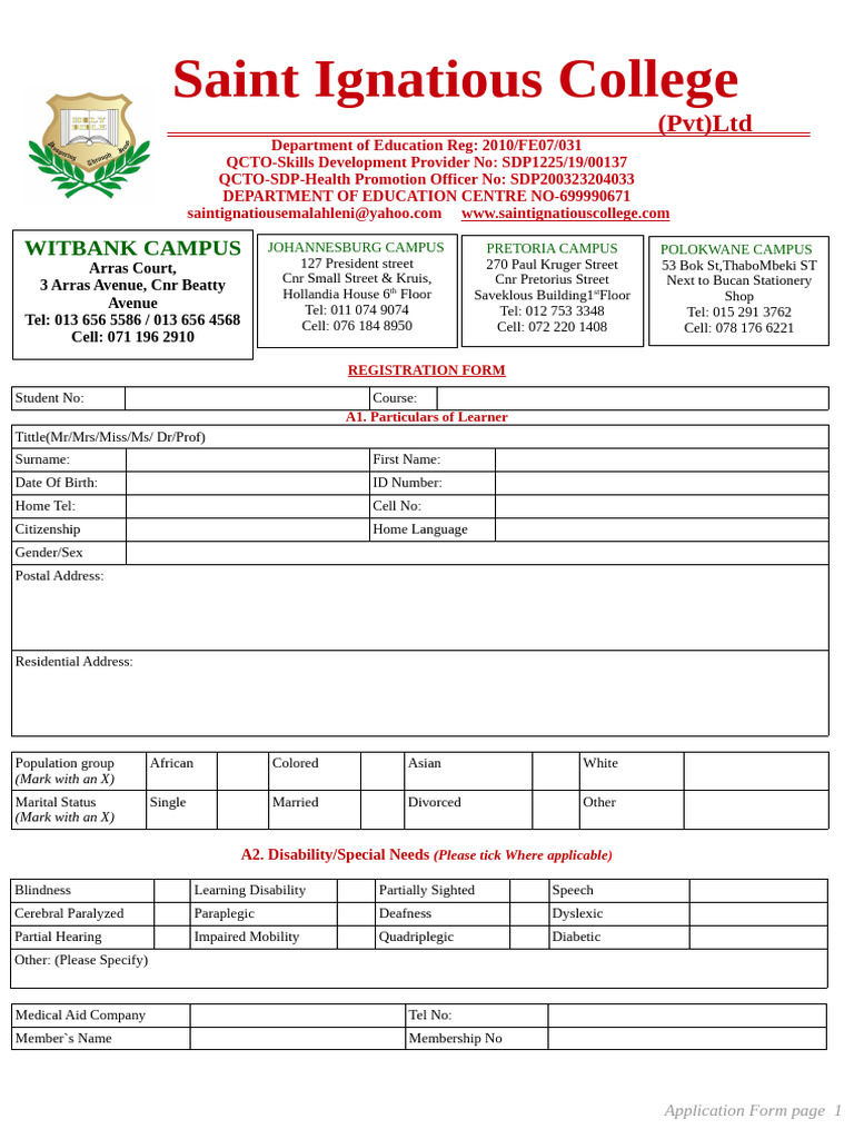 Application Form Saint Ignatious Witbank 2023 | PDF