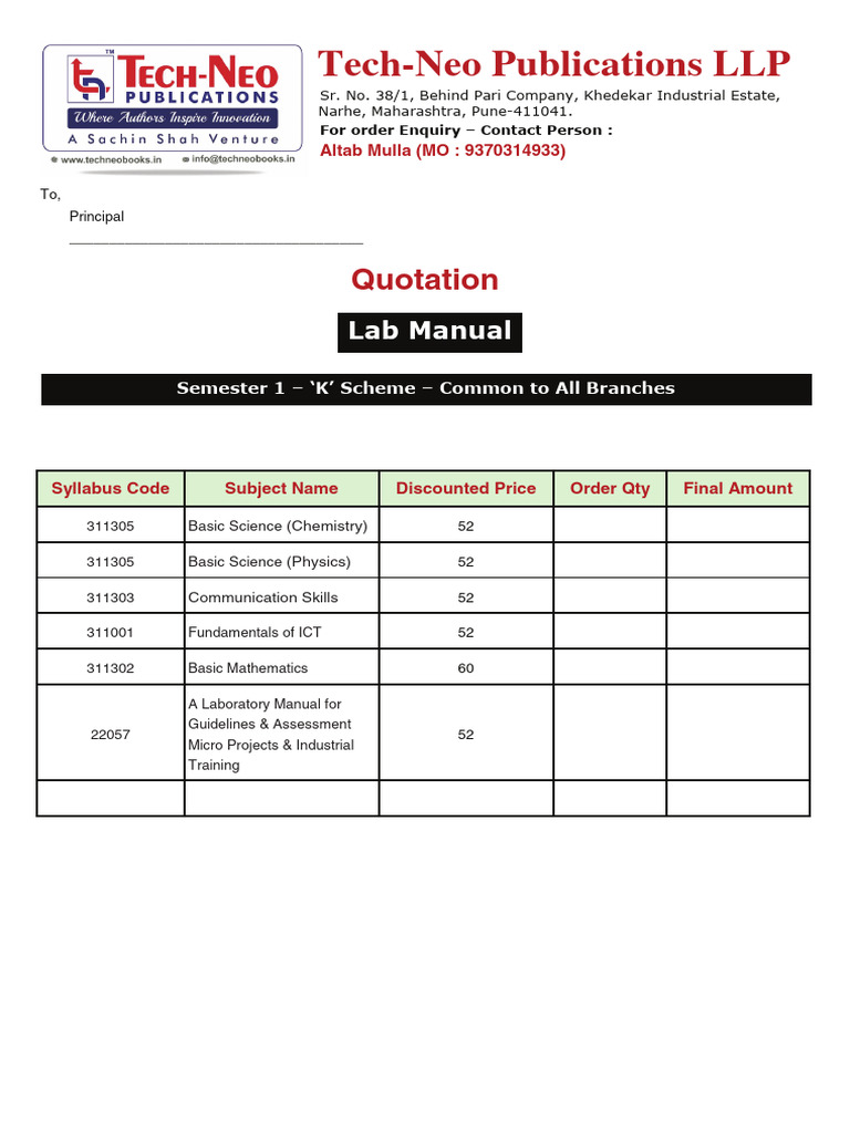 MSBTE-Semester 1 - K Scheme - Lab Manual Quotation | PDF