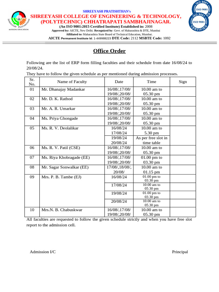 Office Order For Erp Filling Facutly | PDF