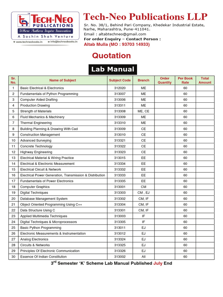 MSBTE-Semester 3 - K Scheme - Lab Manual Quotation | PDF