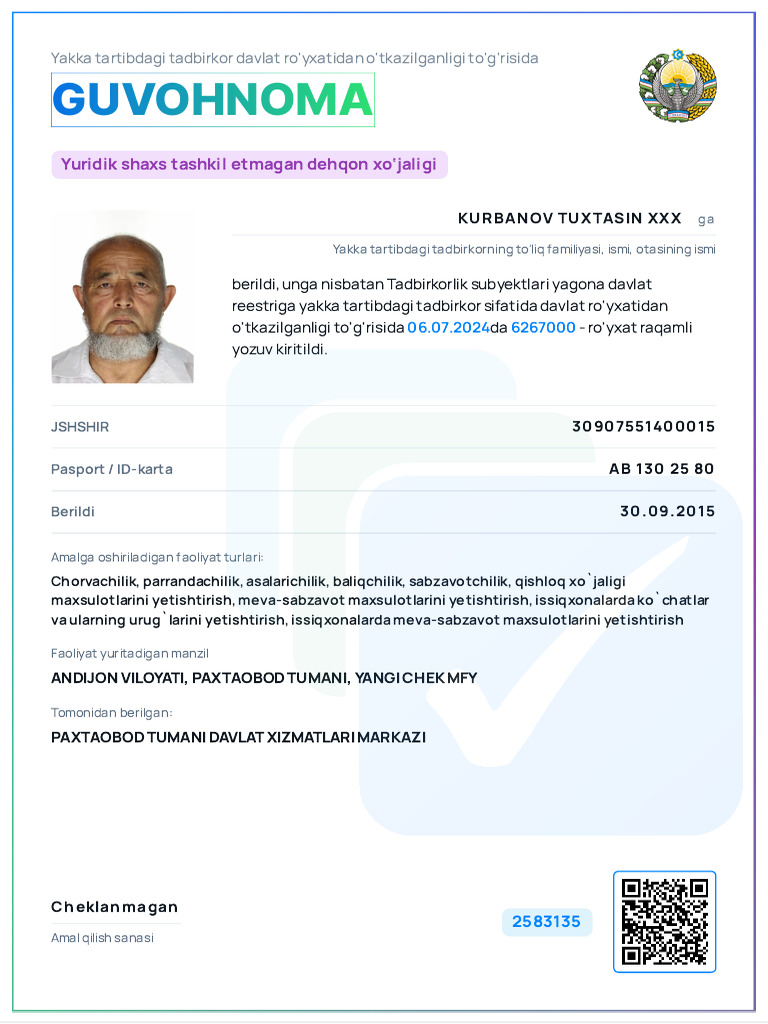 Guvohnoma Guvohnoma: Yuridik Shaxs Tashkil Etmagan Dehqon Xo Jaligi | PDF