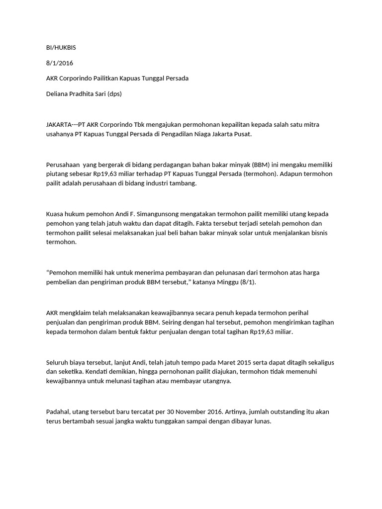 Akr Vs Kapuas Tunggal Persada | PDF