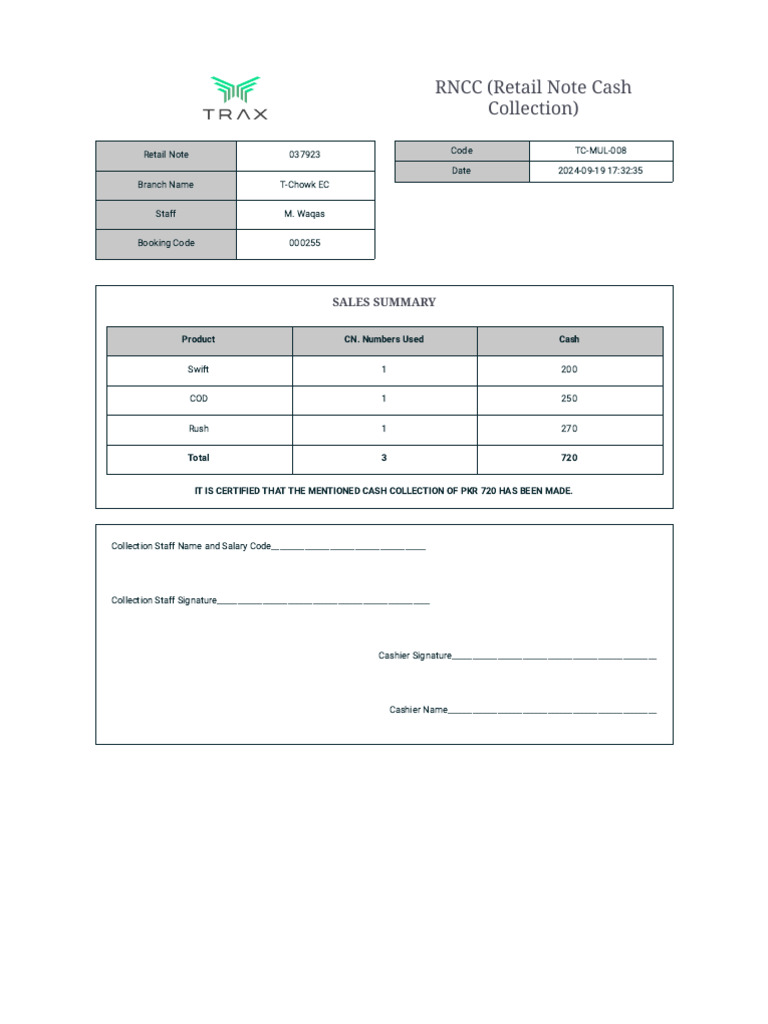 RNCC (Retail Note Cash Collection) | PDF