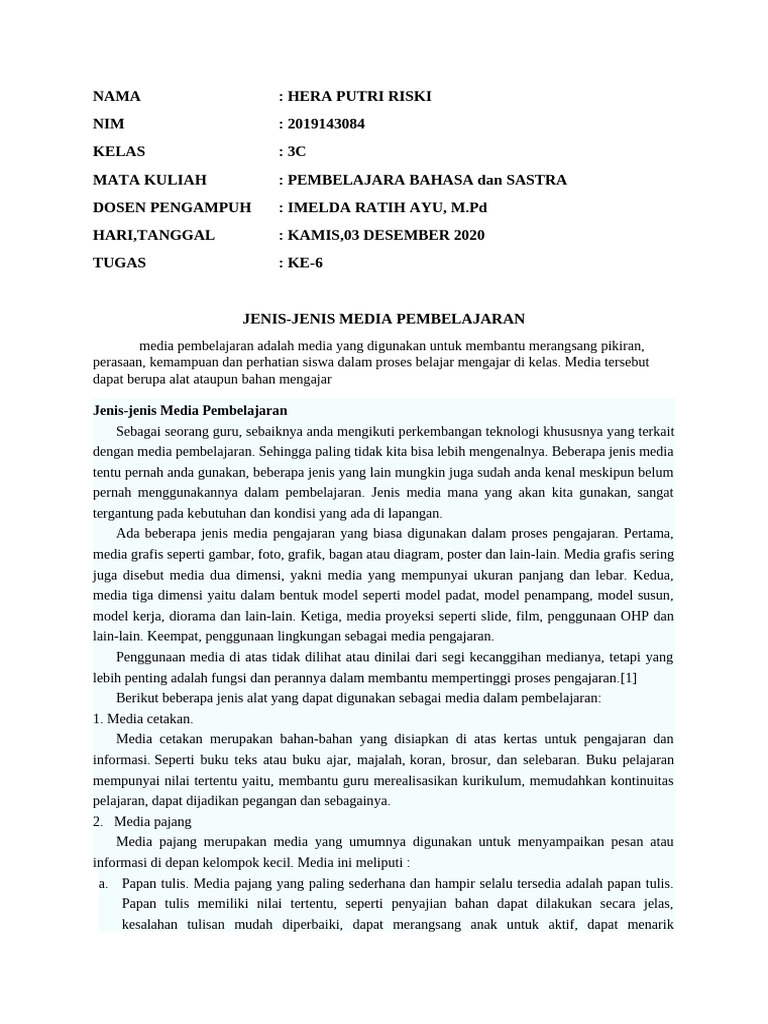 TUGAS KE-6 BAHASA Dan SASTRA HERA PUTRI RISKI 2019143084 | PDF