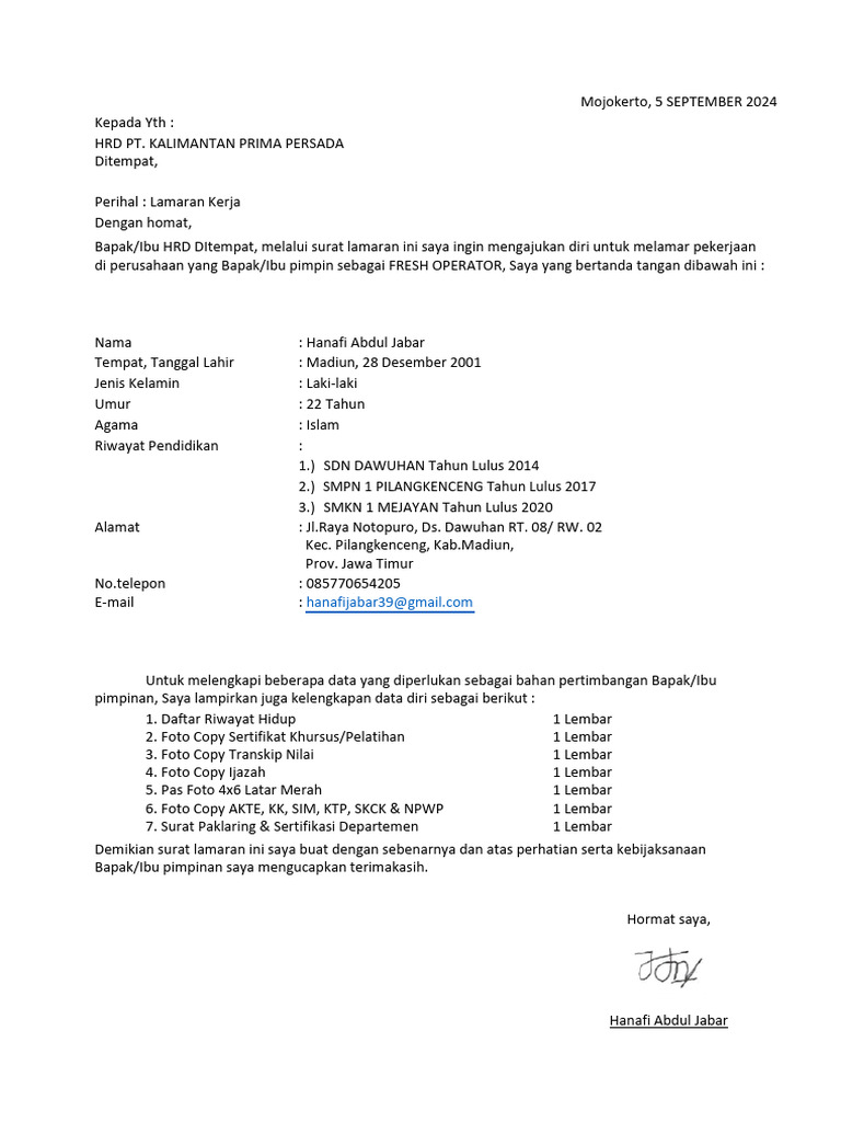 Lamaran Kerja sebagai Fresh Operator | PDF