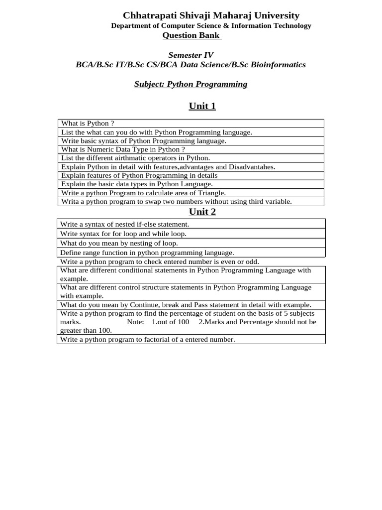 Question Bank For Python | PDF Question Bank For Python | PDF
