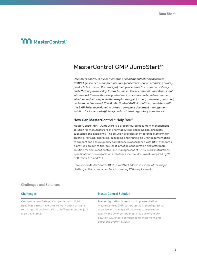 Mastercontrol GMP Jumpstart | PDF