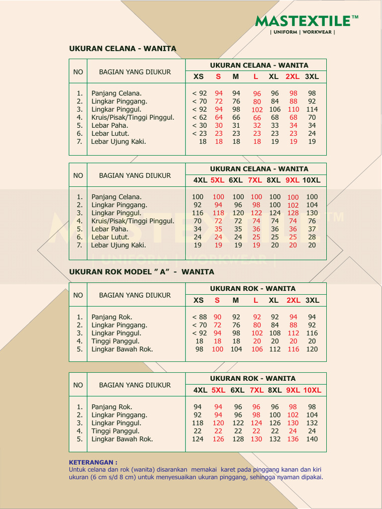 Ukuran Celana Dan Rok Wanita | PDF