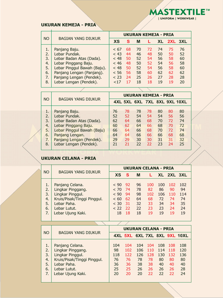 Ukuran Kemeja Dan Celana Pria | PDF