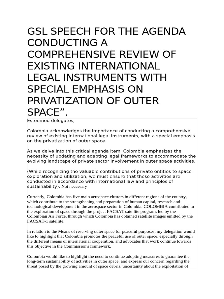 GSL Speech For The Agenda Conducting A Comprehensive Review of Existing International | PDF