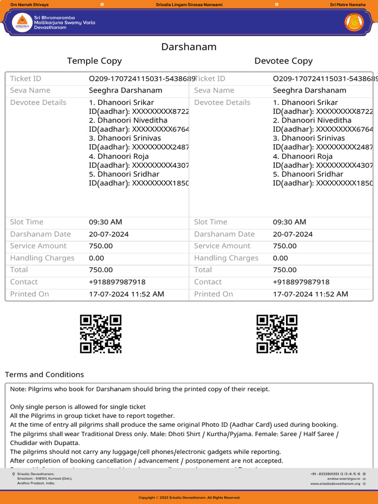 Srisailam Darshan Ticket | PDF