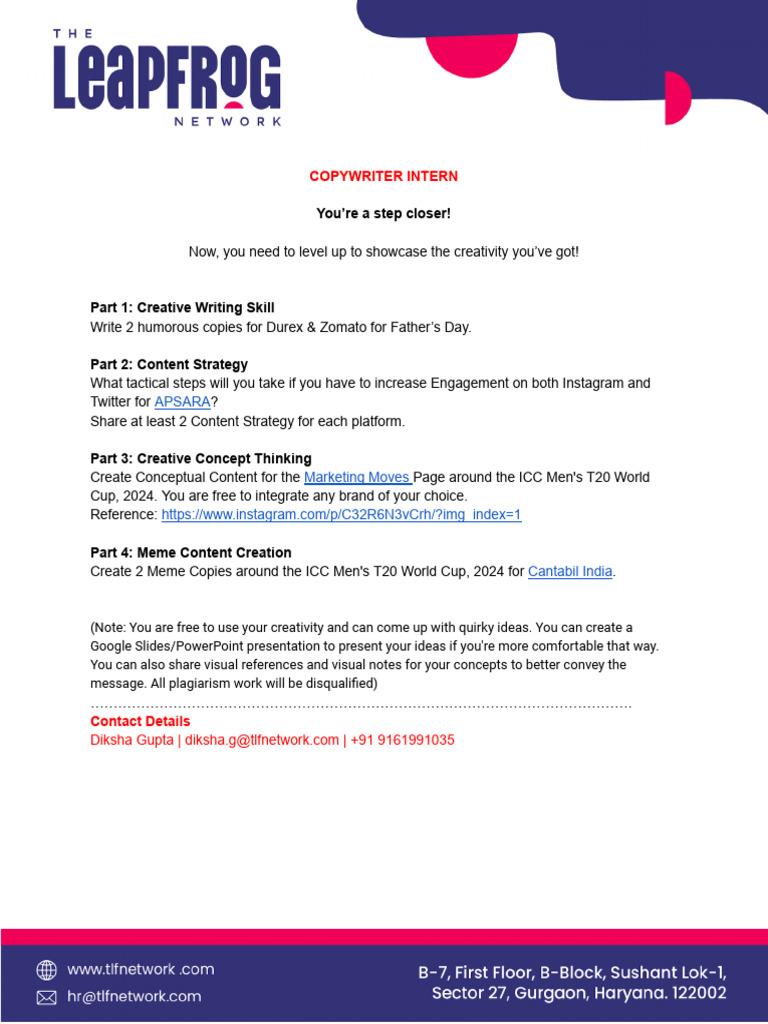 COPYWRITER INTERN Assignment | PDF