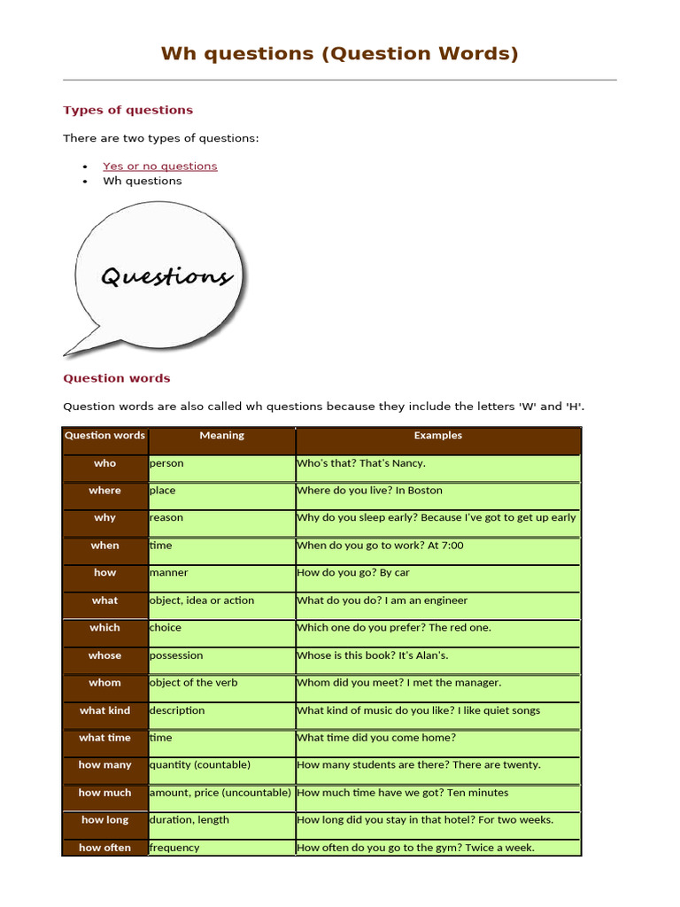 WH Questions (Question Words) | PDF
