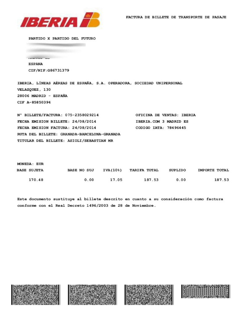 01 - Factura 075-2358029214 Iberia Granada-Barcelona-Granada | PDF