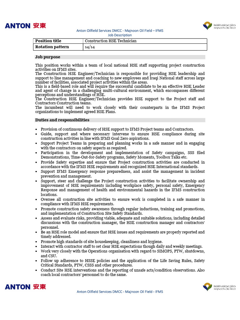 JD - Construction HSE Technician | PDF