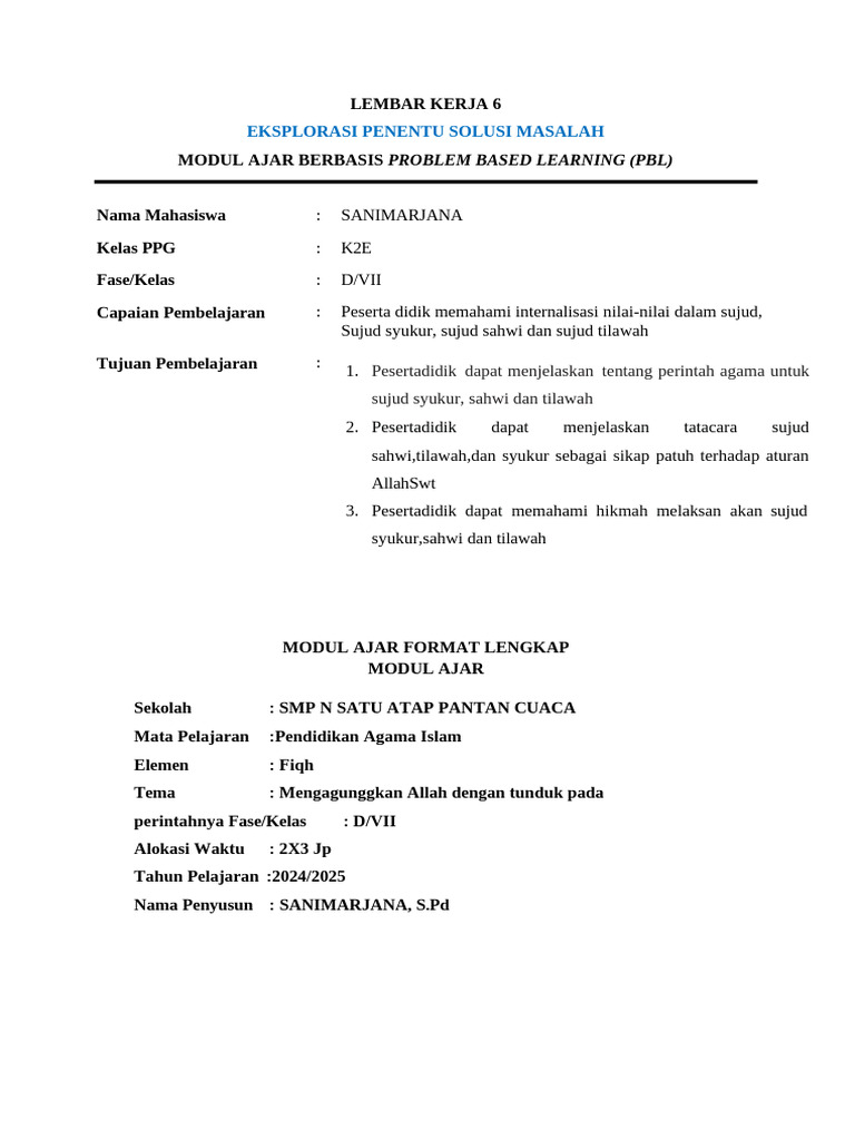 Modul Ajar PBL Pai Kelas 7 | PDF