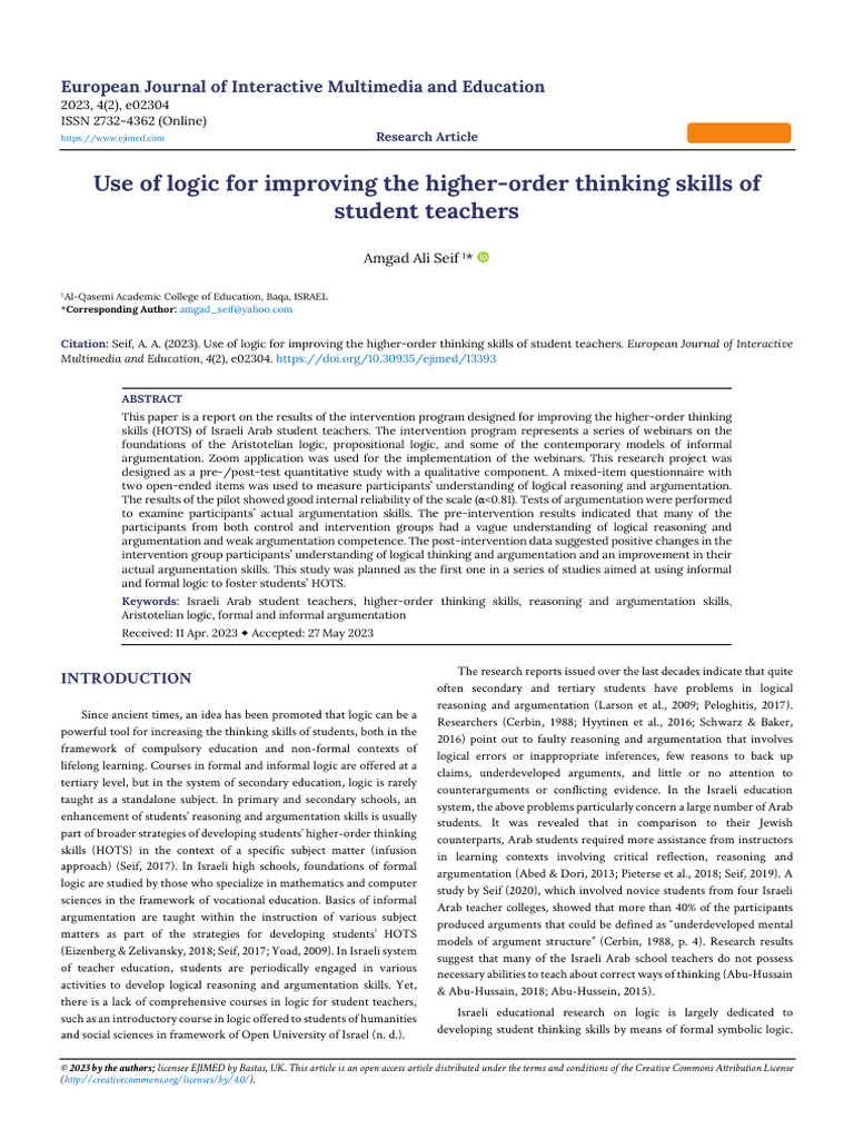 Use of Logic For Improving The Higher Order Thinking Skills of Student ...