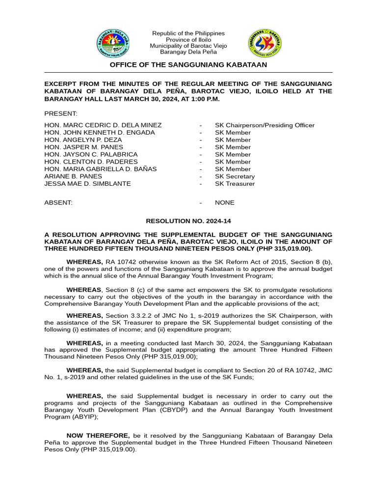 (Checked) Resolution Approving The Supplemental Budget (2024-14) | PDF