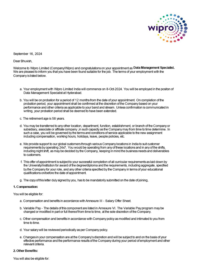 Wipro Offer Letter | PDF