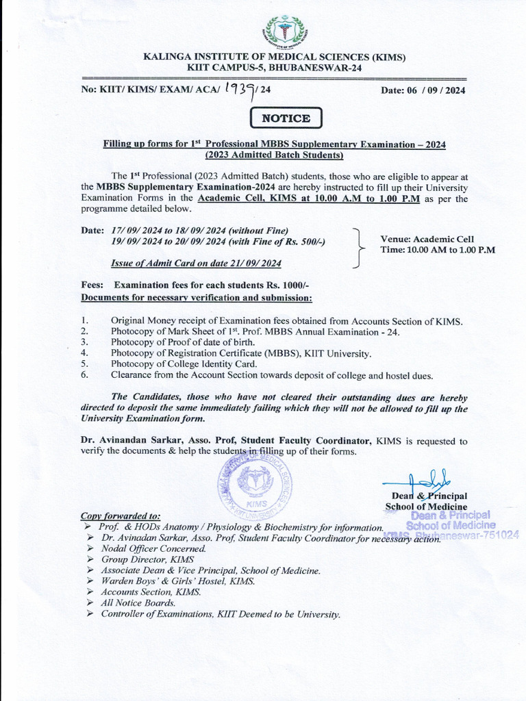 Filling Up Forms Notice For 1st. Prof. MBBS Supplementary Exam - 24 ...