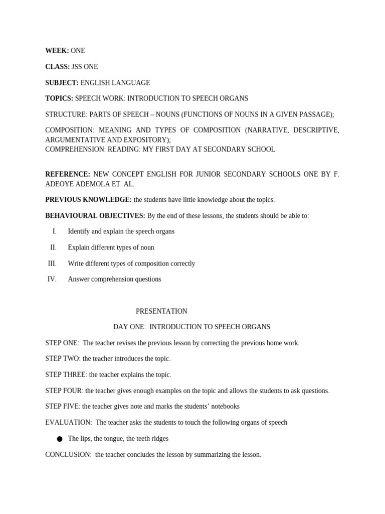 Lesson Note English For JSS 1 | PDF | Human Voice | Language Arts & Discipline