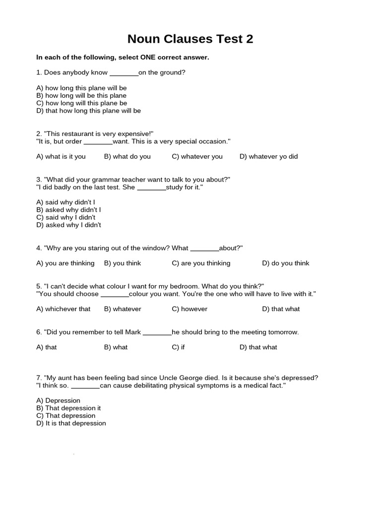 Noun Clauses Test 2 | PDF