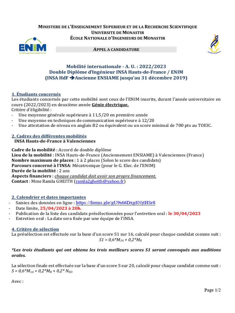 Mobilite INSA HDF 2023 2024 ELEC | PDF