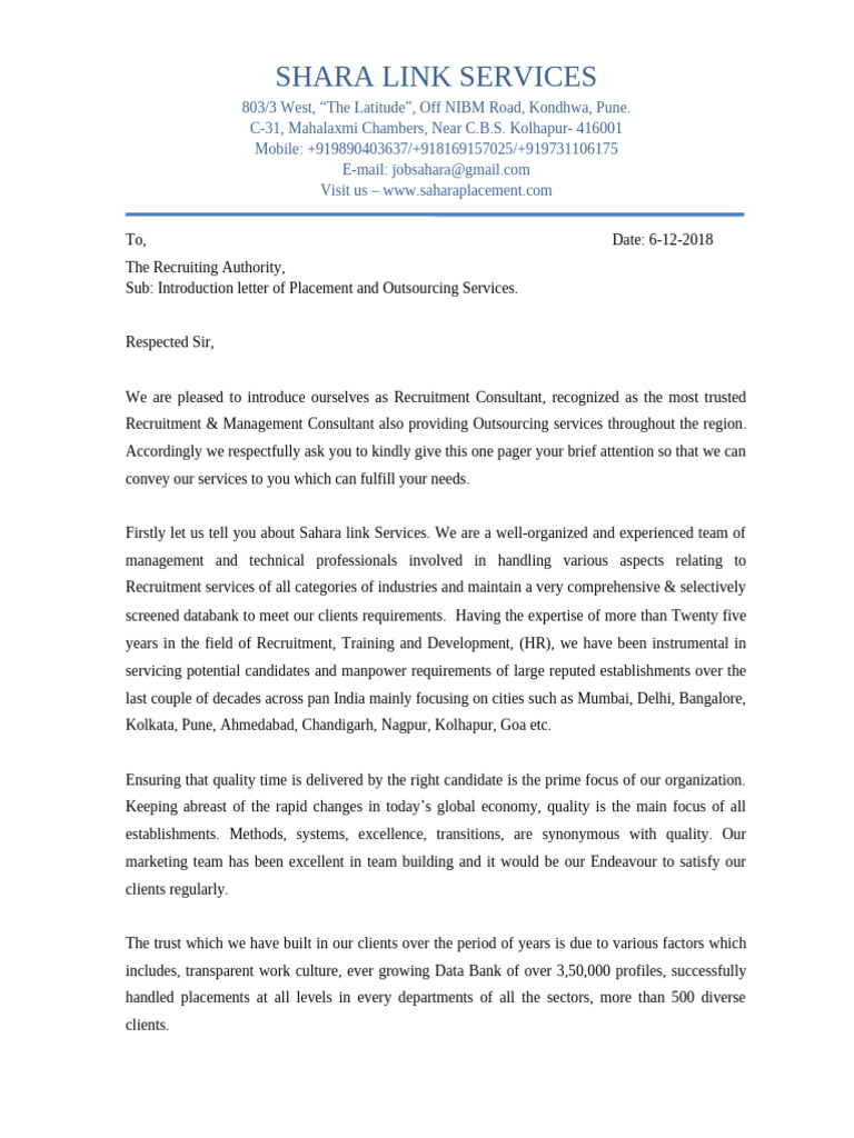 Sahara Link Services Introduction Letter | PDF