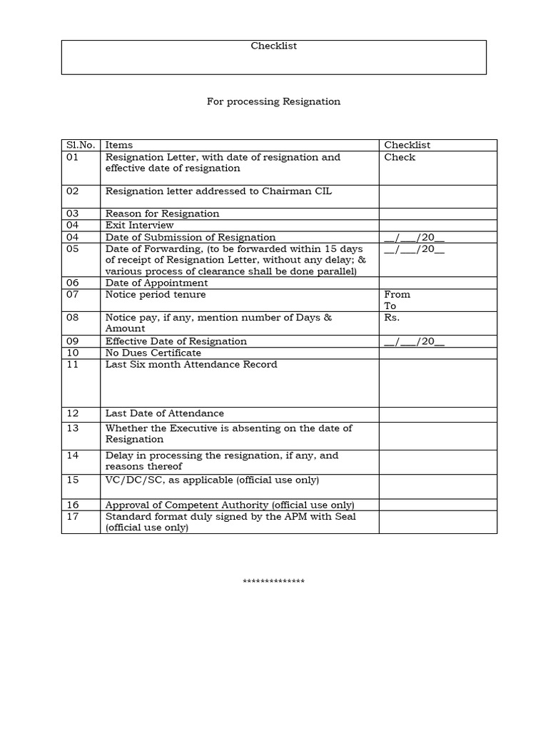 Resignation Checklist Standard Format | PDF
