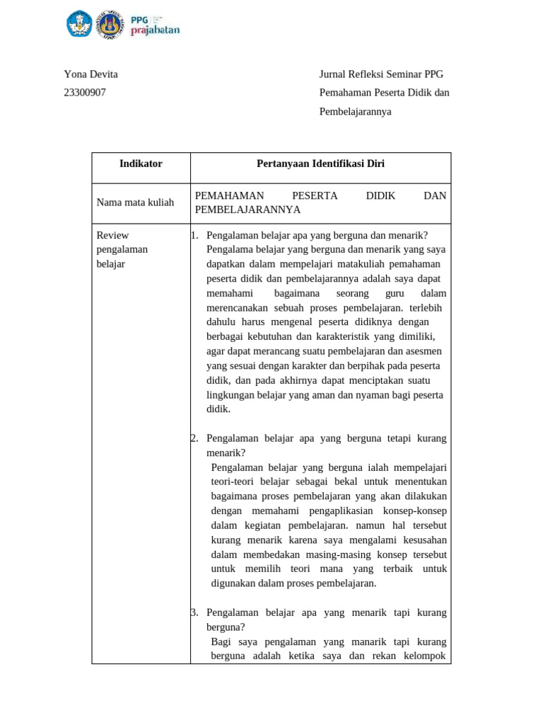 Jurnal Refleksi - Yona Devita - Pemahaman Peserta Didik Dan Pembelajarannya | PDF