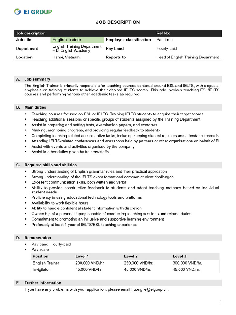 EI - Job Description - English Trainer - v2 | PDF