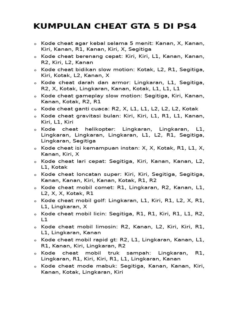 Kumpulan Cheat Gta 5 Di PS4 | PDF
