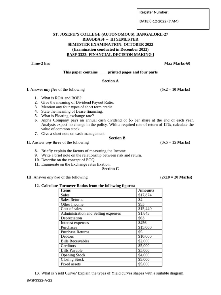 BASF3322 Financial Decision Making I - UG - 3rd Sem - Dec-2022 | PDF