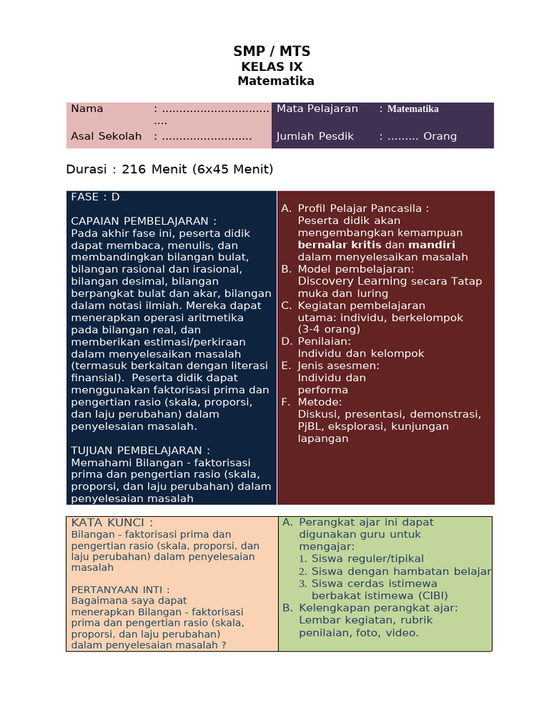 SMP / MTS: Durasi: 216 Menit (6x45 Menit) | PDF