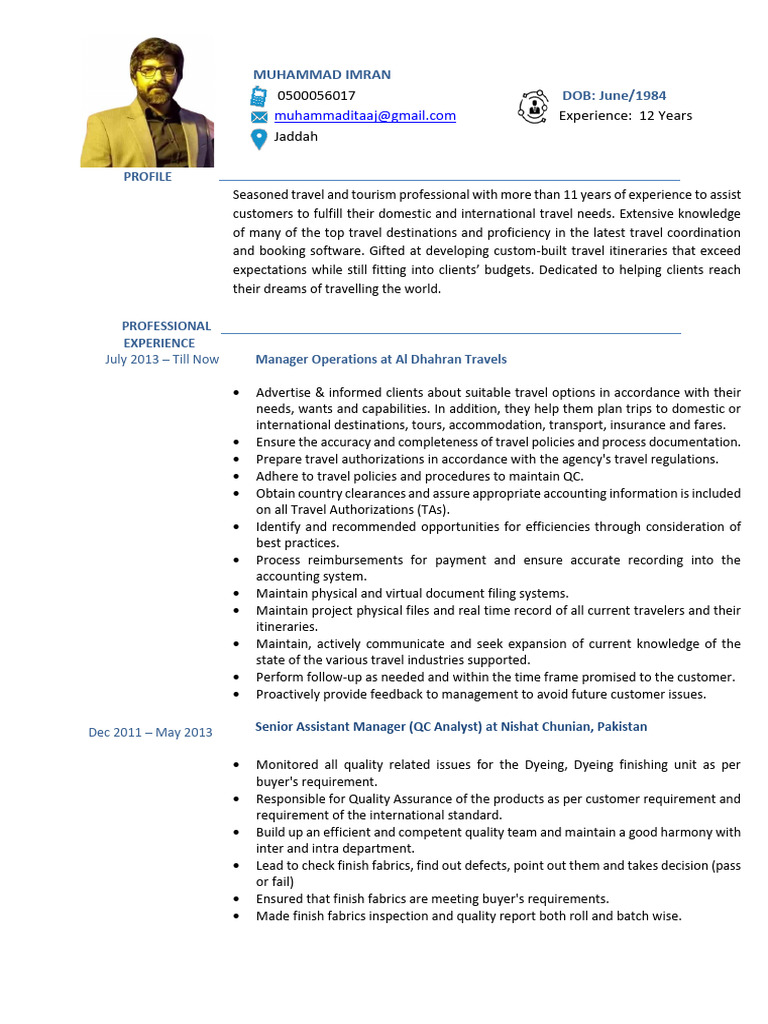 Muhammad Imran Travel Resume | PDF