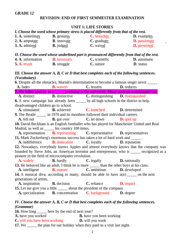GRADE 12 REVISION 1st Semester Examination | PDF