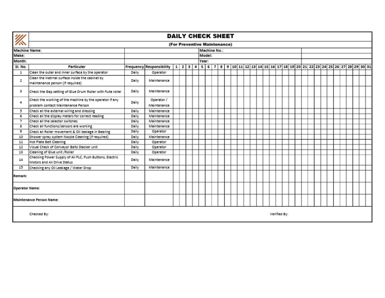 Daily Check Sheet: Machine No.: Model: Machine Name: Month: Make: Year ...