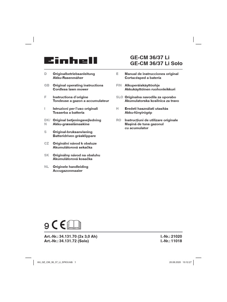Mode D'emploi Tondeuse Einhell 37-Li - (2x3,0ah) | PDF