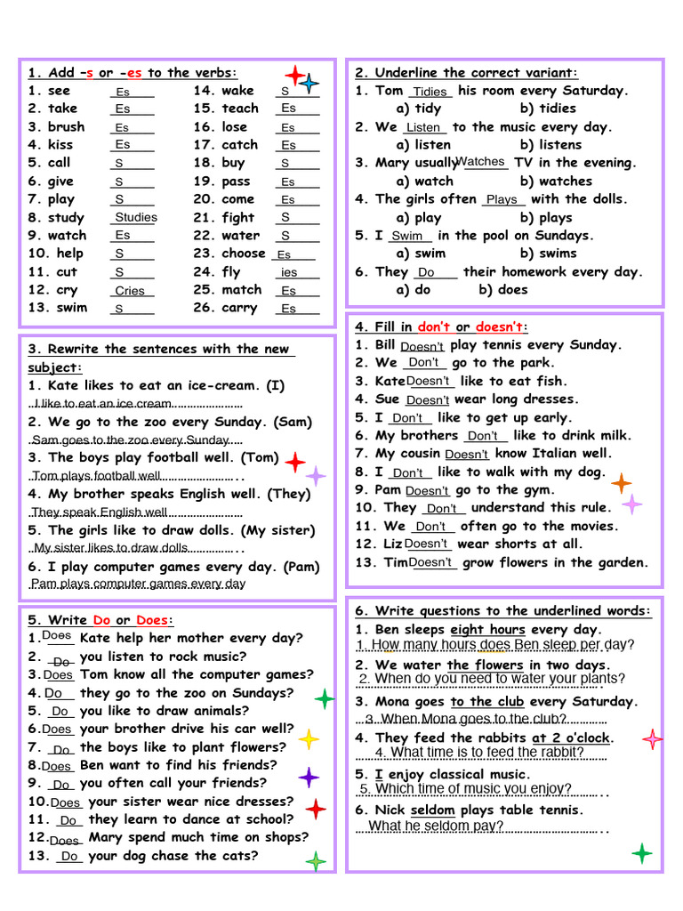 Ficha Ingles 5 6 7 8 9 Anos Revisao Present Simple | PDF